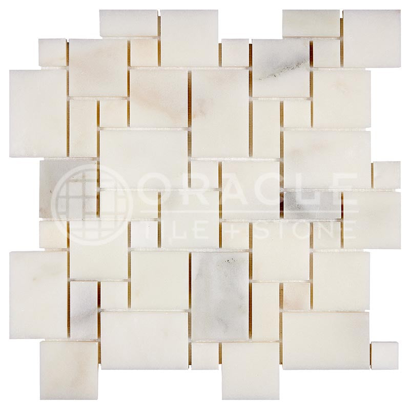 Calacatta Oliva Marble Mini-Versailles Pattern Mosaic — Oracle Tile & Stone
